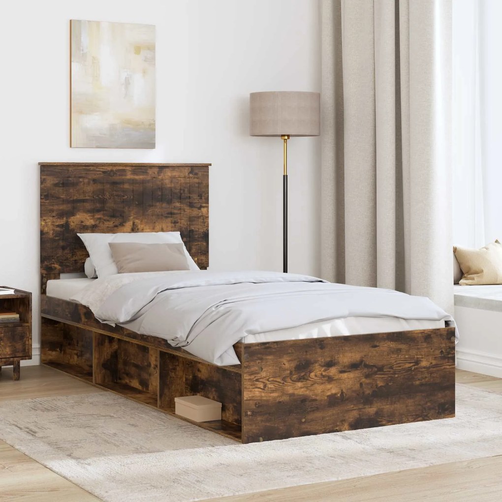 Rám postele s čelo Kouřový dub 90 x 190 cm Masivní borové dřevo 3411068