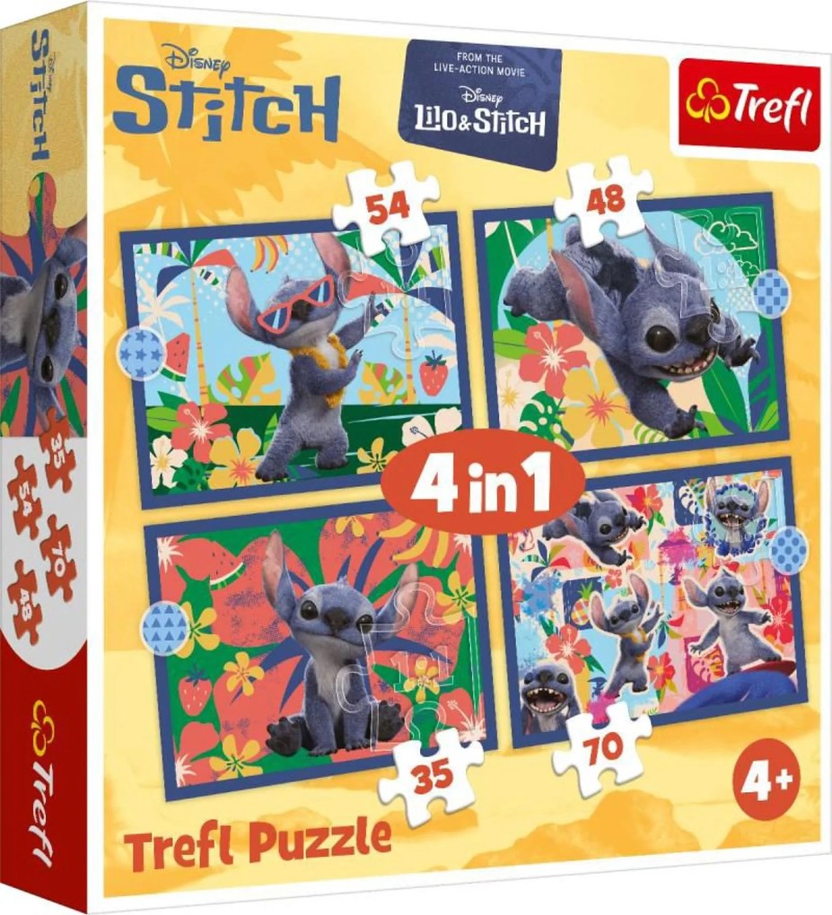 Trefl Puzzle 4v1 Lilo&Stitch Dovolená na Havaji 28,5x20,5cm v krabici 28x28x6cm
