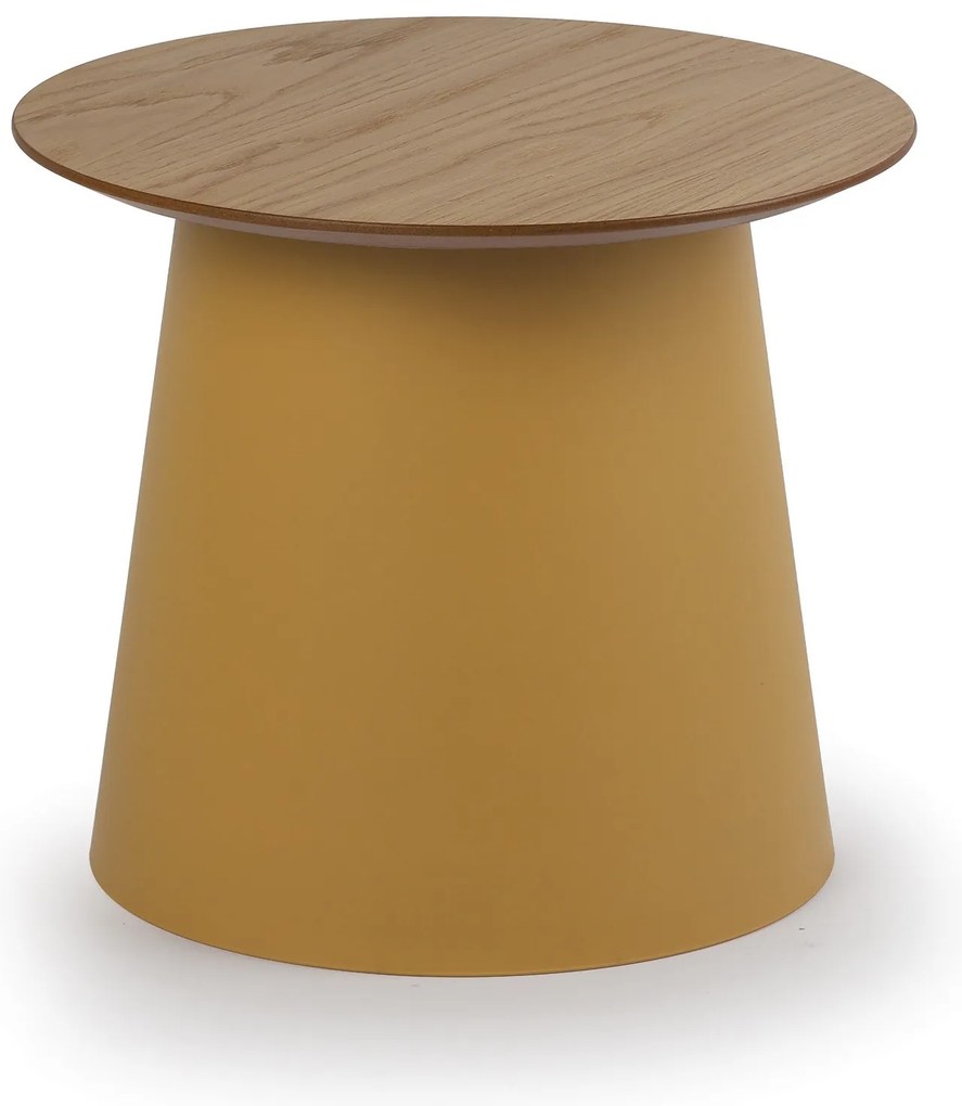 Plastový kávový stolek SETA s dřevěnou deskou, průměr 49 cm, dub/okrová