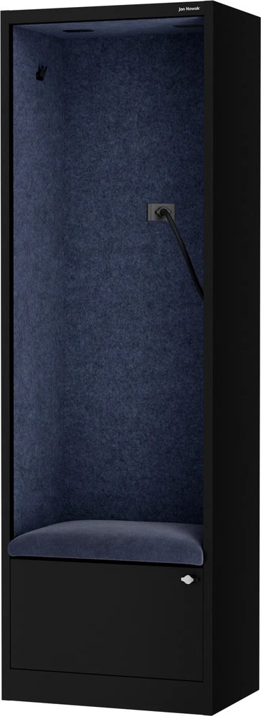 Kancelářská akustická kabina se sedátkem a USB-C portem, korpus černý / sedák námořnická modrá, 600 mm: SALLY MentalBox