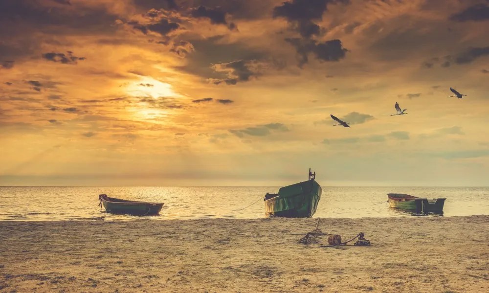 Vícedílný obraz Lodě Na Pláži Při Západu Slunce Nedostatek Nedostatek Plátno Canvas 250x150