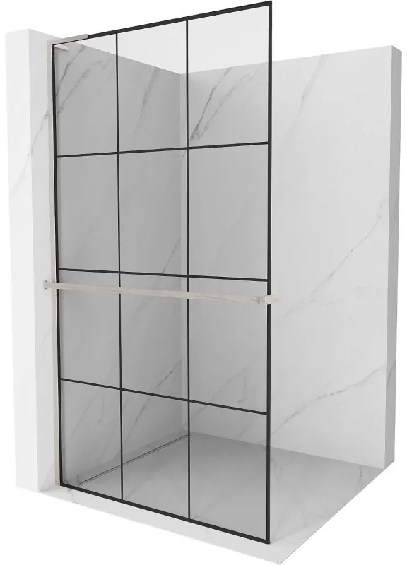 Mexen Kioto+ L, sprchová zástěna Walk-In s poličkou a věšákem 120 x 200 cm, 8mm čiré sklo černý vzor, broušená ocel profil, 800-120-123-97-77