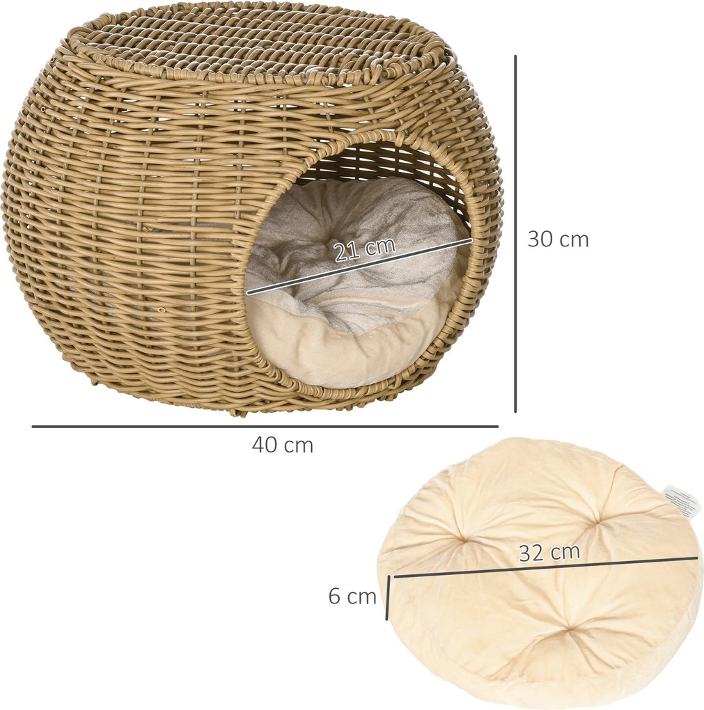 PawHut Kočka Dům Postel Kočičí Košík Dům v Obřím Střihu z Rattanu s Měkkým Polštářem Ø 40 x 30 cm světle hnědý
