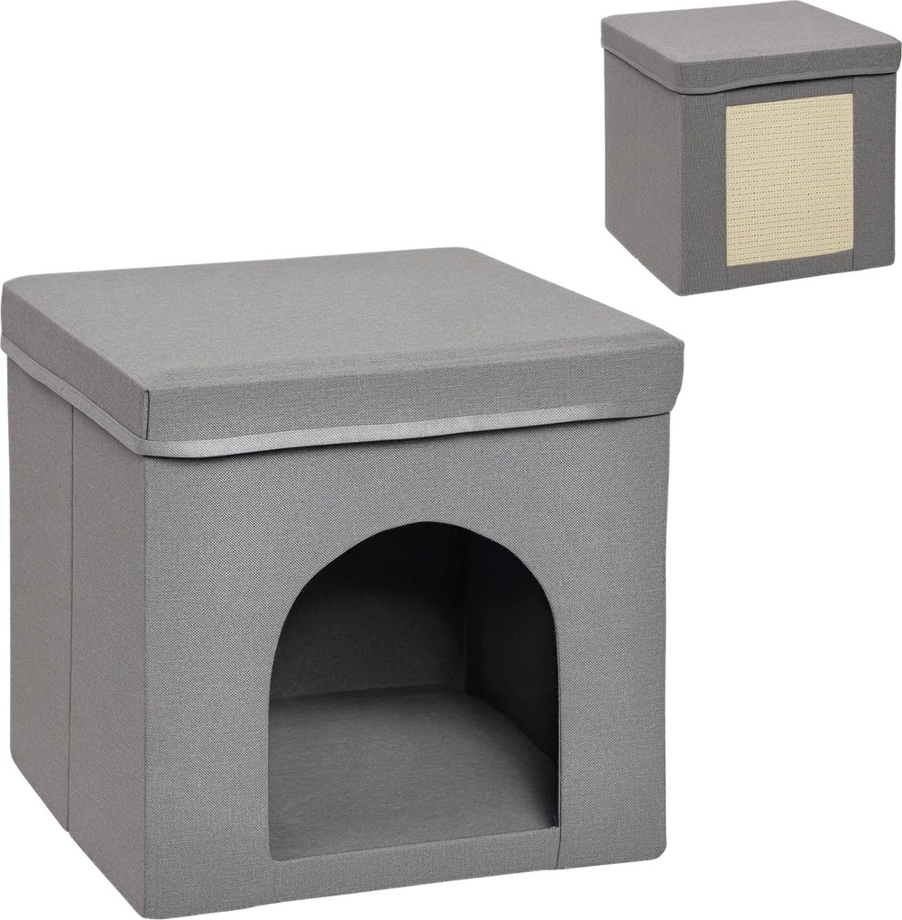 PawHut Kočičí Dům Kočičí Postel Kočičí Chata se Škrabadlem a Vnitřními Dveřmi 36.5x36.5x36.5 cm Šedá | Aosom