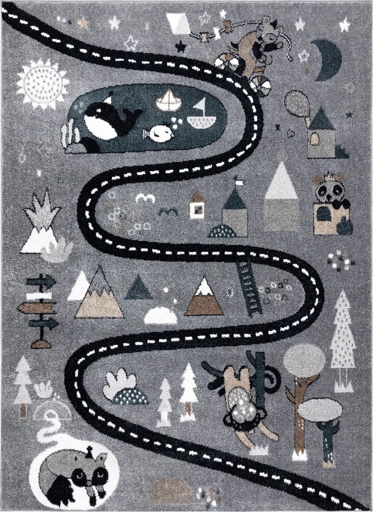Detský kusový koberec Fun Route Street animals grey, 200x290, šedá, detská izba, Dywany Łuszczów