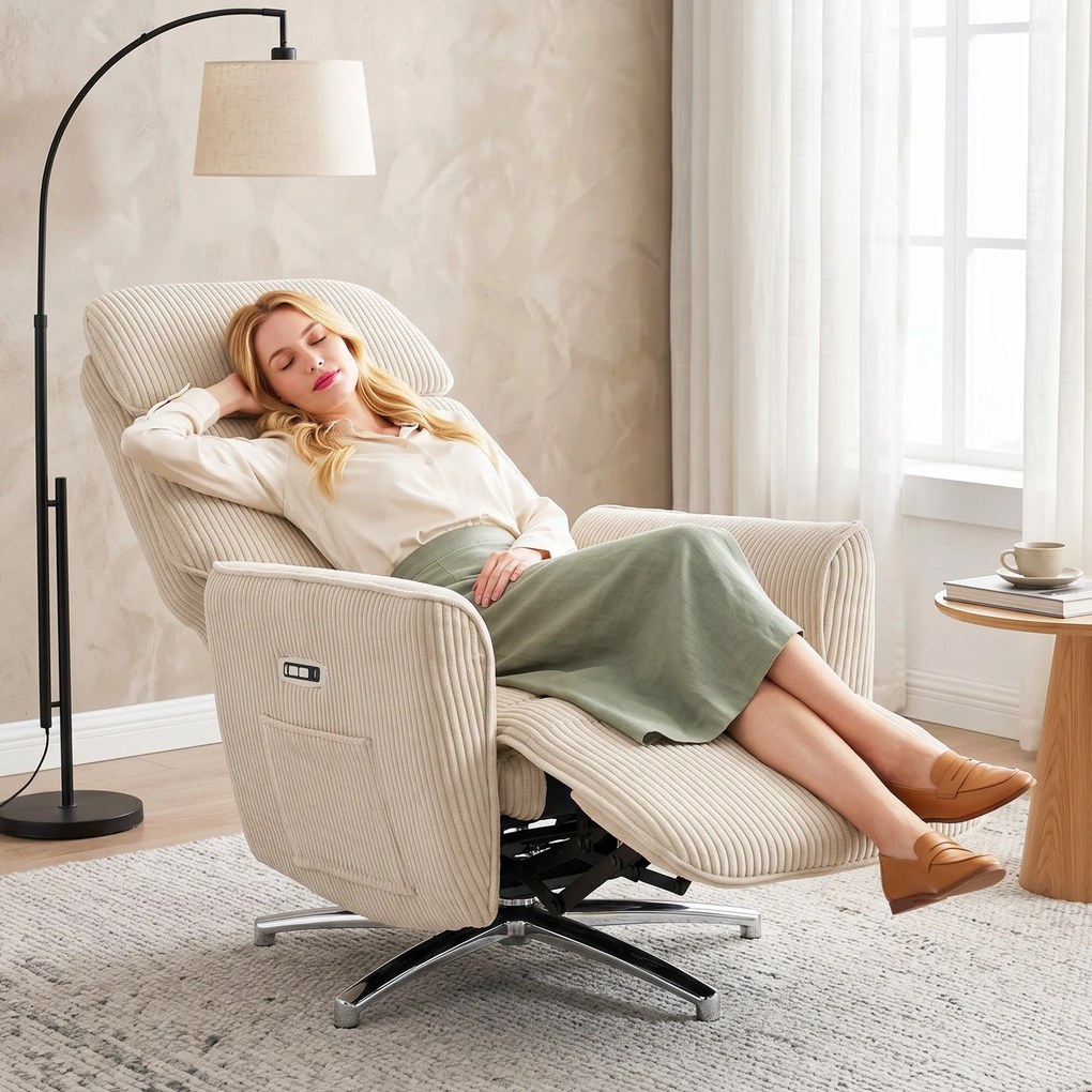 HOMCOM elektrické otočné relax křeslo s dvojitým motorem — USB-A USB-C, nastavitelná opěrka hlavy, manšestr, krémové