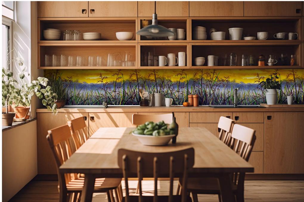 DIMEX | Fototapeta do kuchyně Denimová malba luční trávy KI-420-210 | 420 x 60 cm | žlutá, hnědá, modrá, zelená