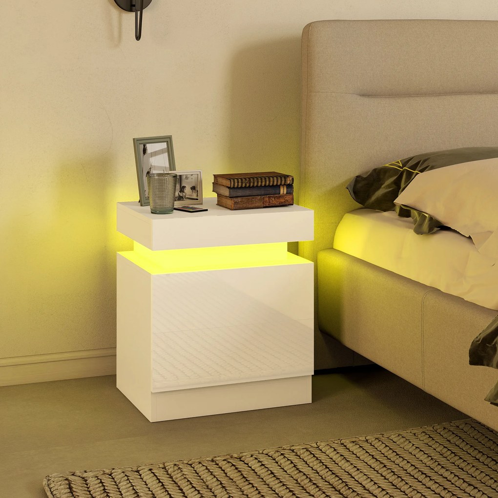 HOMCOM sada 2 LED nočních stolků s 16 barvami a 4 režimy, se 2 šuplíky, z dřeva, 45x35x52 cm, vysokolesklá bílá