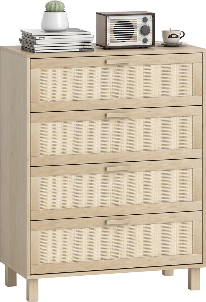 HOMCOM komoda se 4 zásuvkami, ratanový vzor, rozměry 80D x 40Š x 103V cm, MDF světlé dřevo