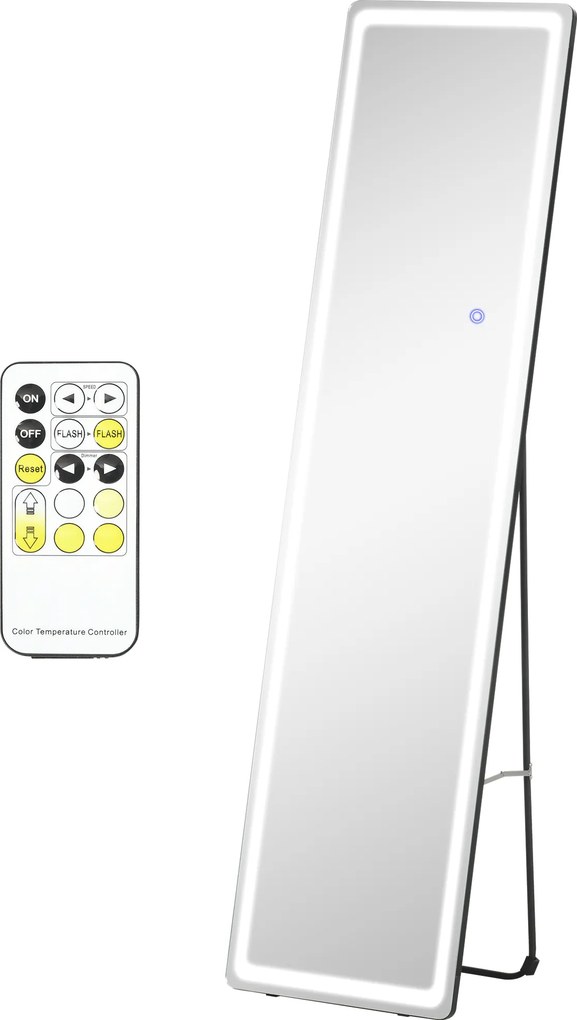 HOMCOM stojací zrcadlo 2 v 1 s LED světlem, volně stojící, hliník, nastavitelný světelný zdroj, 40 cm x 37 cm x 157,5 cm