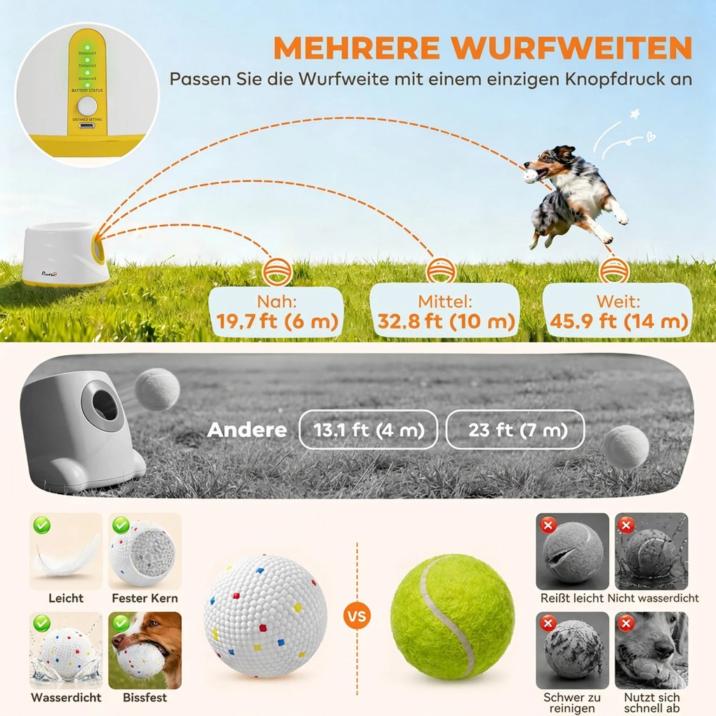 PawHut automatický vrhač míčků pro psy 6–14 m, žlutý