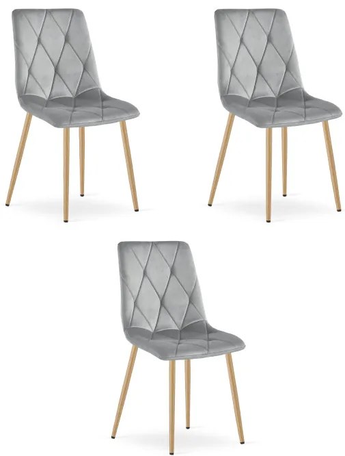 Set tří jídelních židlí LIBRA sametové, světle šedé / hnědé nohy (3 ks)