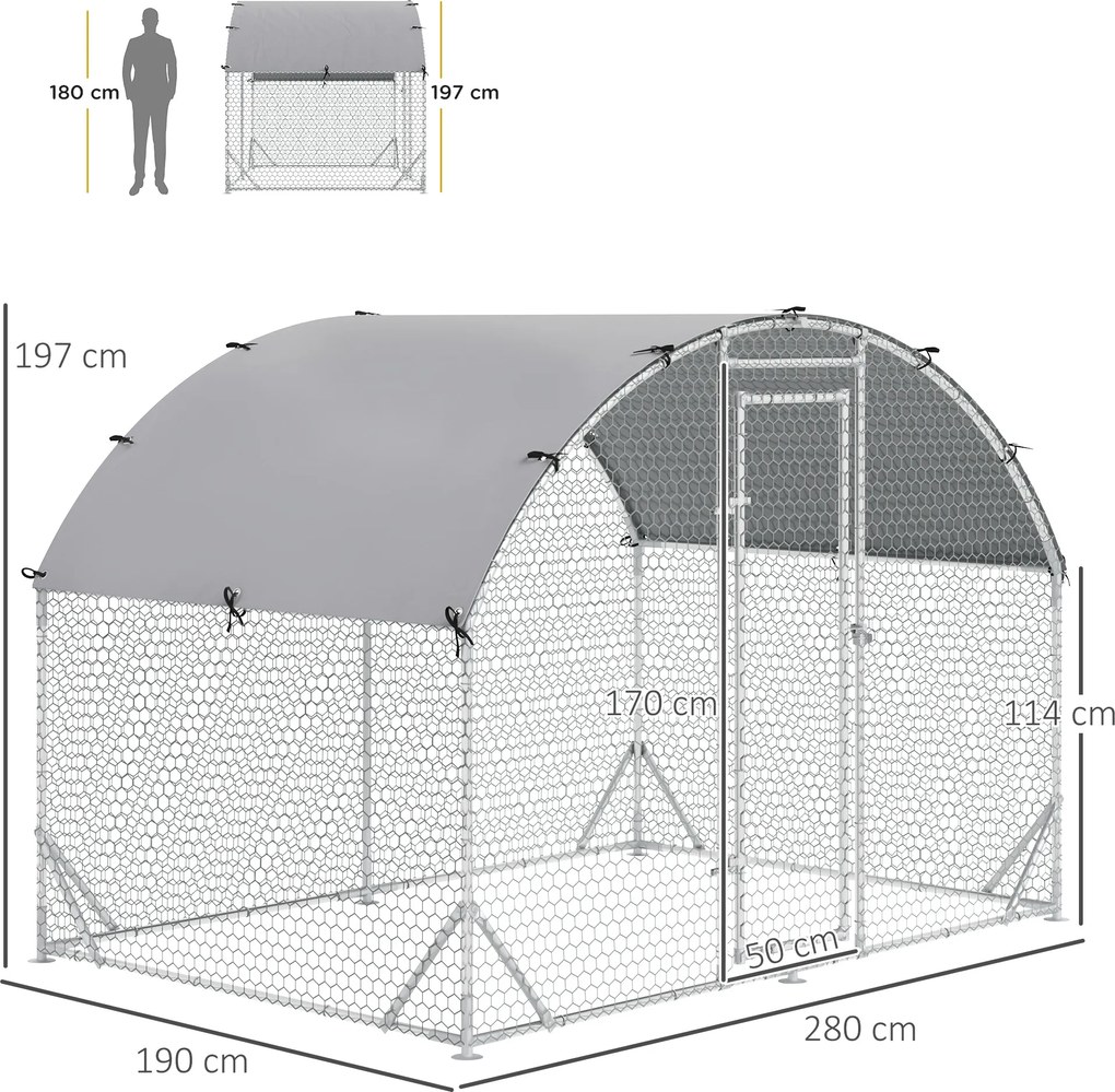 PawHut kurník pro volný chov kuřat z oceli, 280 x 190 x 197 cm, klec pro kuřata s krytem odolným proti UV záření, dvířka, výběh pro 4-6 kuřat, malá z…