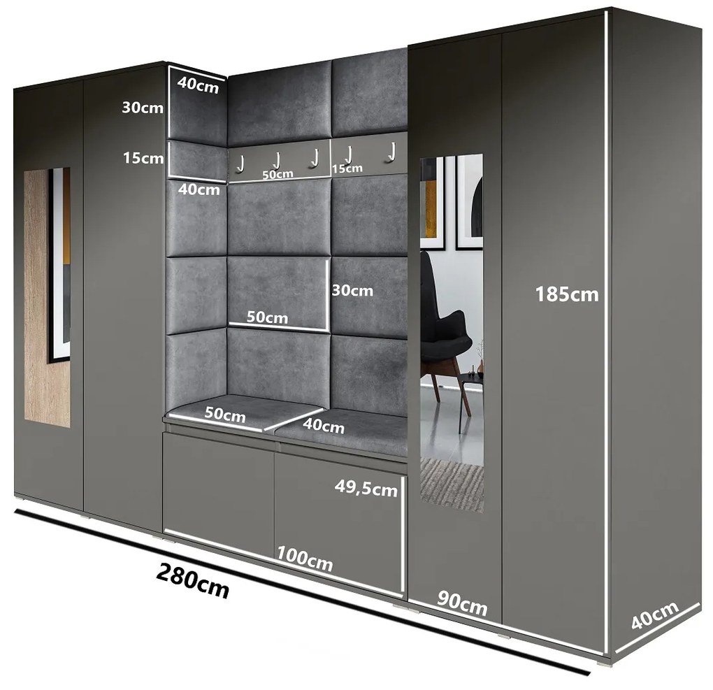 Předsíňová stěna Trinity 10 s čalouněnými panely, 280 cm, grafit/ béžová