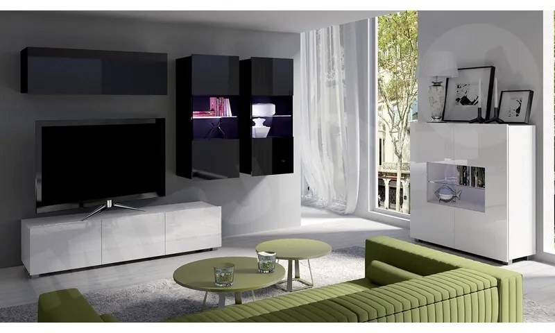 Obývací stěna Bralani VI, Barva: černá + černá lesk / bílá + bílá lesk, Osvětlení: osvětlení LED - bílé