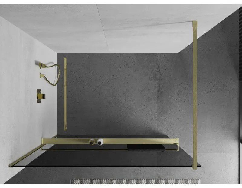 Mexen Kioto+, sprchová zástěna Walk-In s poličkou a věšákem 90 x 200 cm, 8mm šedé sklo, zlatý matný profil, 800-090-121-55-40