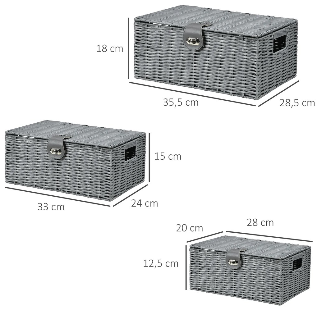 HOMCOM Úložné boxy sada 3 ks s víkem a přezkami 18L 12L 7L do obývacího pokoje Šedá