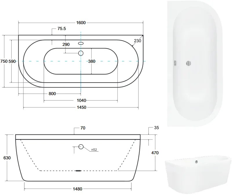 NIKIDO - B Přístěnná vana VISTA 140, 150, 160, 170 Rozměry: 160 x 75cm