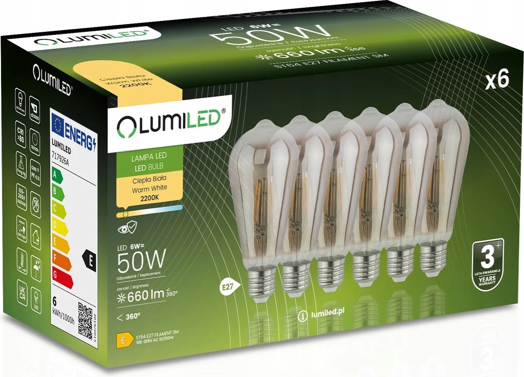 6x Led žárovka E27 Edison ST64 6W Ozdobná Filament Retro Kouřová Spirálová