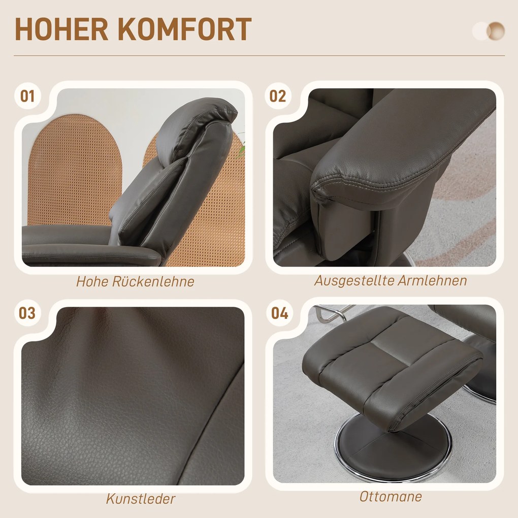 Polohovací křeslo HOMCOM s funkcí polohování a houpání, TV křeslo s taburetem a opěradlem do obývacího pokoje a ložnice, imitace kůže