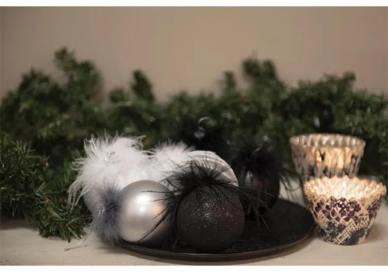 4ks černá vánoční ozdoba koule s peříčky a flitry – 8 cm
