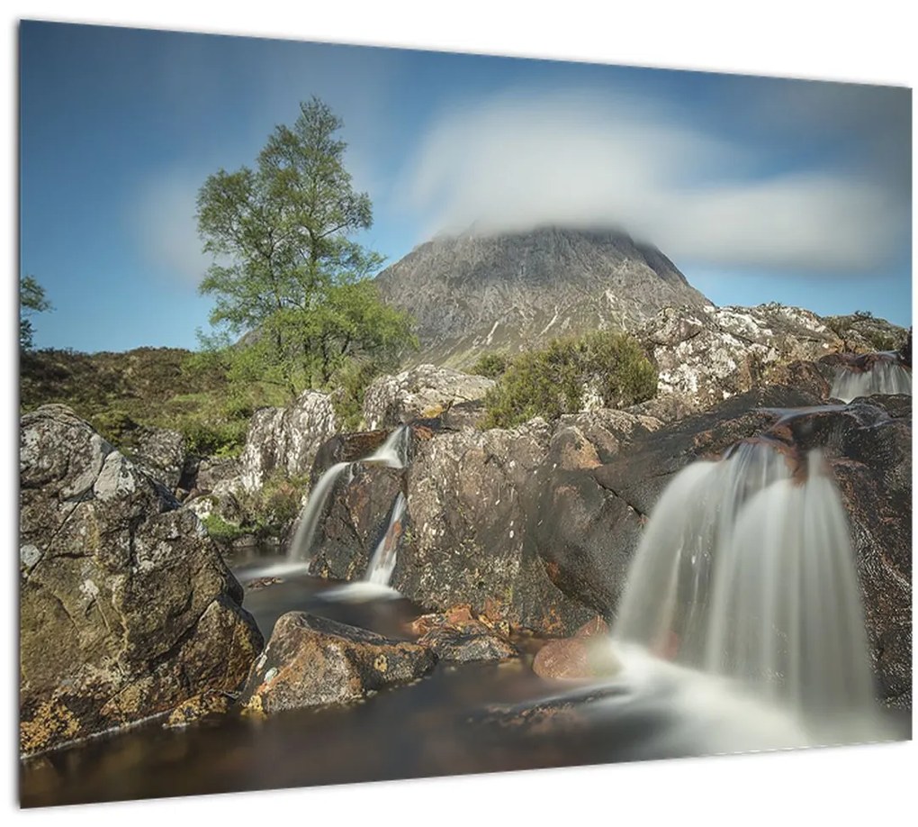 Skleněný obraz vodopádů a hory (70x50 cm)