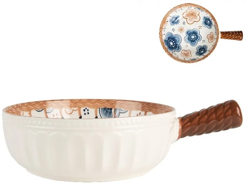 Bílá keramická miska s modrými květy a rukojetí - 22*16*6 cm / 500 ml