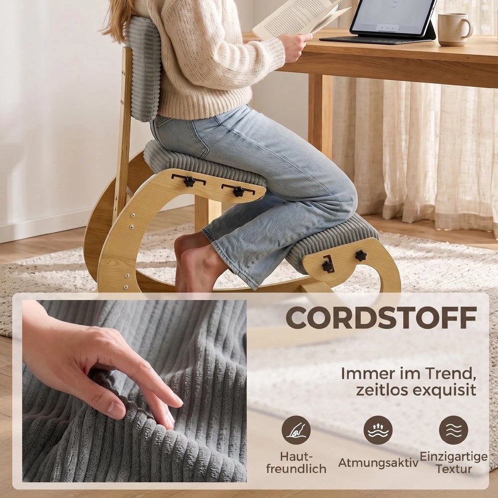 HOMCOM Ergonomická kolenní židle, kolenní stolička se záhlavím, vzhled manšestru, kancelářská židle do domácnosti, kanceláře, meditace, tmavě šedá