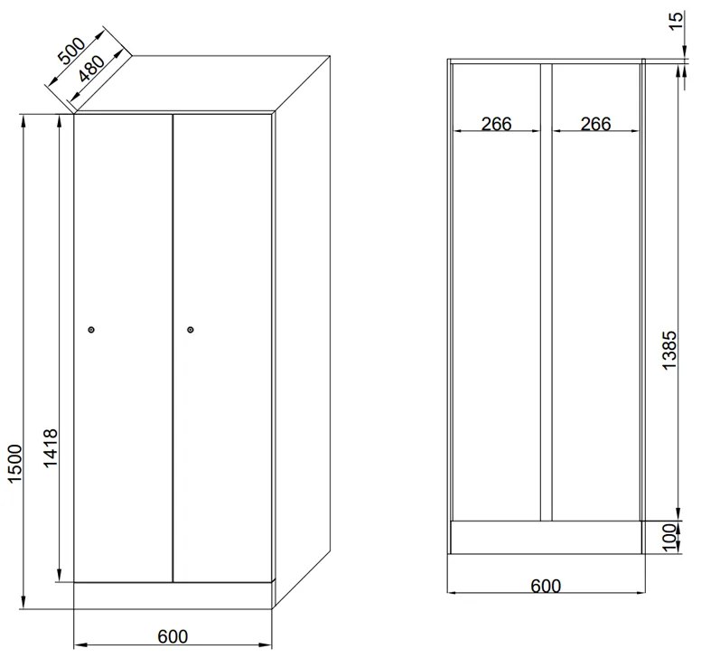 Šatní skříňka S1 s lavičkou, 2 oddíly, 1875 x 600 x 500/800 mm, demont, RFID zámek, zelené dveře
