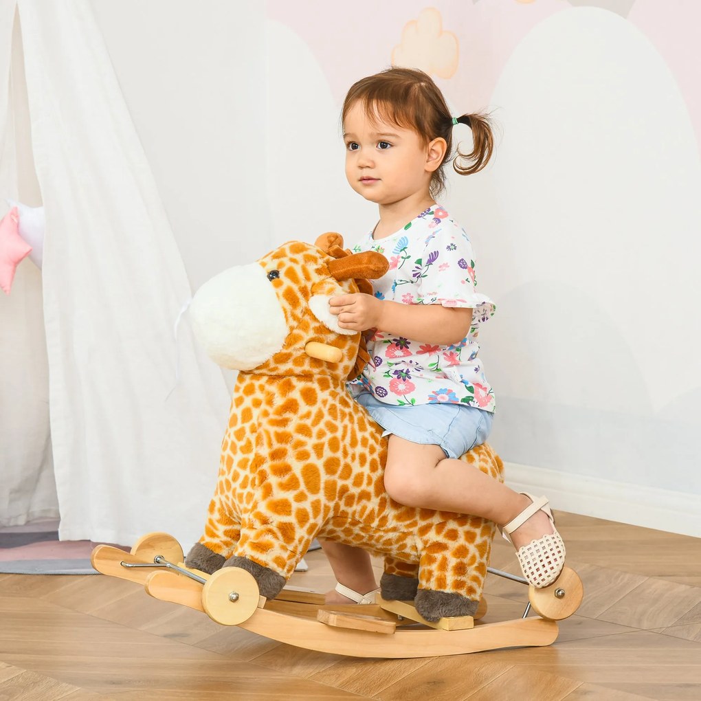 HOMCOM 2-v-1 Houpací kůň s kolečky Žlutá rozkládací plyšová hračka 63x38x63cm pro děti |
