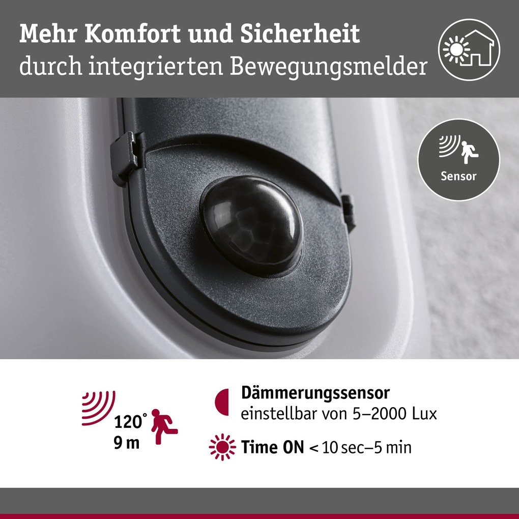P 94958 LED venkovní nástěnné svítidlo Elunor pohybové čidlo IP65 podlouhlé 122x212mm 2200 - 4000K 18,5W 230V antracit/bílá polykarbonát - PAULMANN