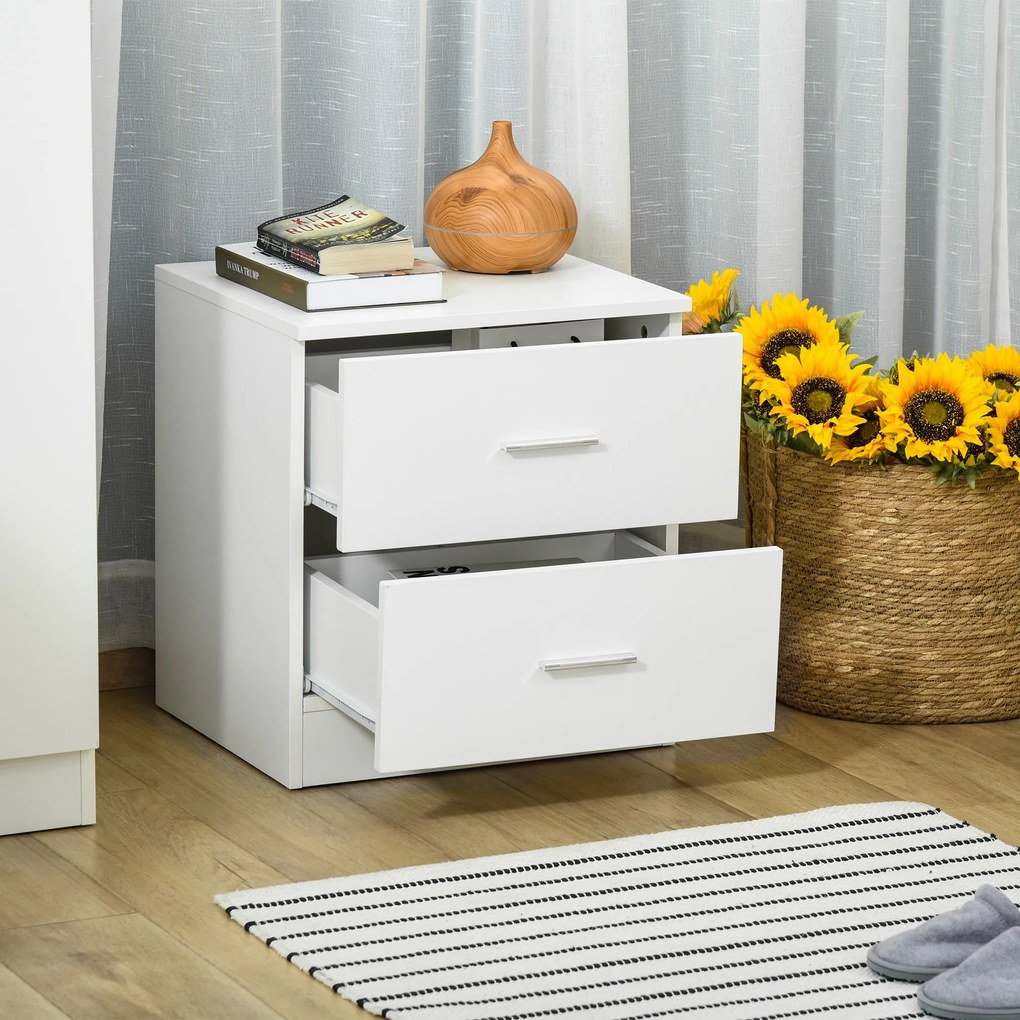 HOMCOM Moderní Noční Stolek s 2 Zásuvkami, Stolek do Obývacího Pokoje a Ložnice, Nosnost 30 kg, 45x39,5x49 cm, Bílý