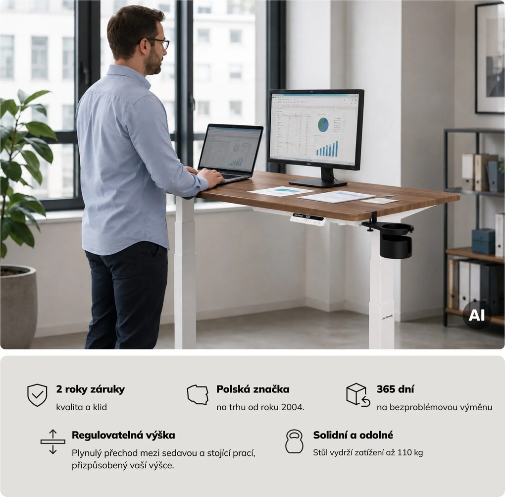 Elektrický stůl s nastavitelnou výškou ergonomický bílý/ořech,1200x600 mm: ARIA