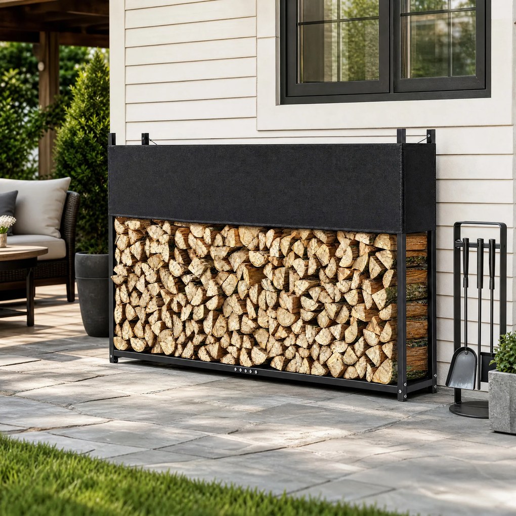 Outsunny Stojan na palivo 202 x 25 x 113 cm, stojan na dřevo s 600D Oxford krytem, ocelový rám do 500 kg, černý