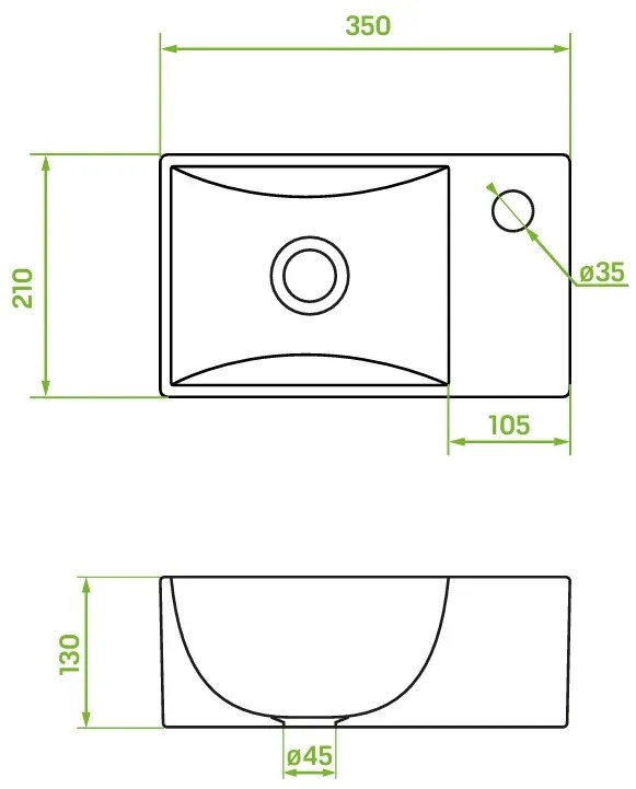 Laveo Kvadrato, keramické umyvadlo 355x210x130 mm, bílá lesklá, LAV-VUK_6135
