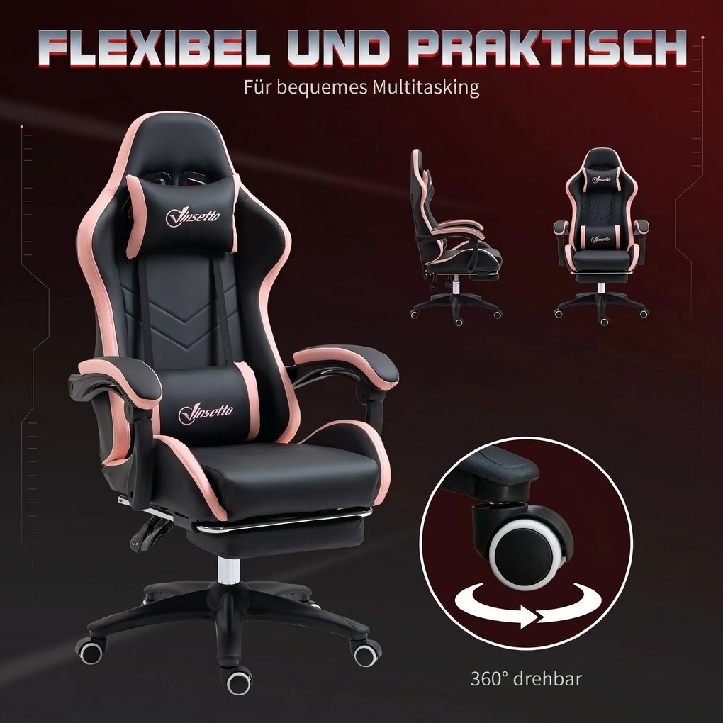 Vinsetto Herní Křeslo Racing Gamer Křeslo PU Kůže s Nastavitelnou Výškou, Polohováním 135°, Opěrkou Hlava, Bederní Oporou a Sklopným Podnožím pro Kan…