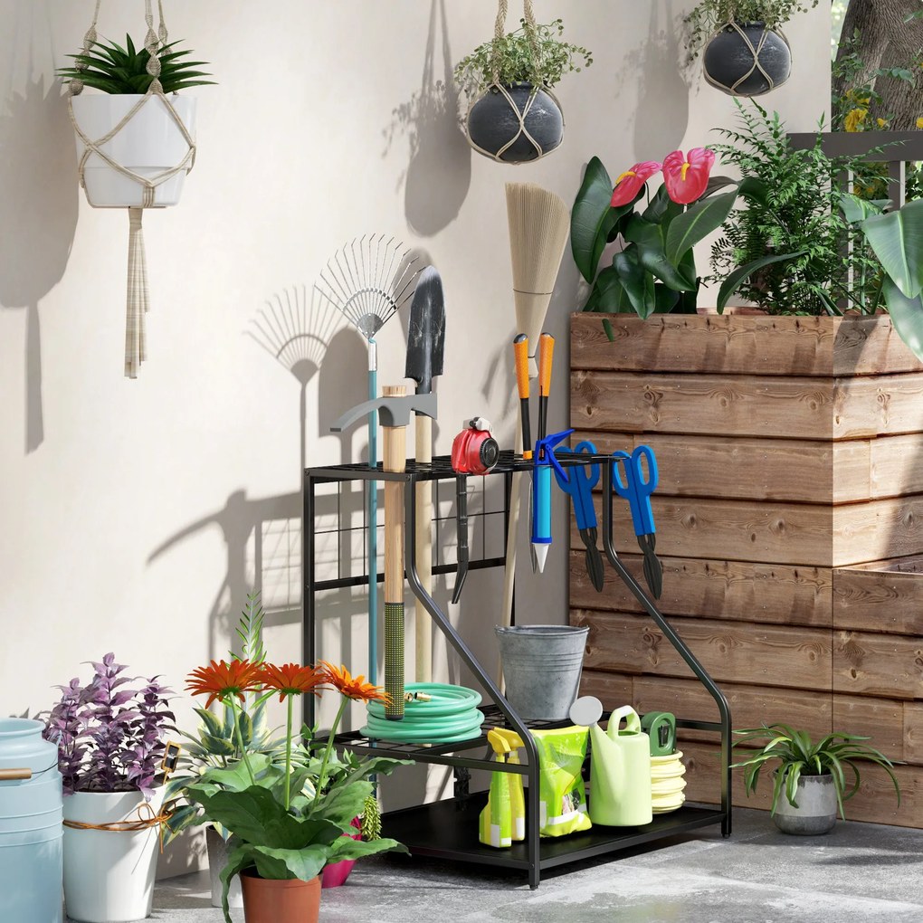 Organizér na zahradní nářadí Outsunny s háčky, 3-podlažní držák na nářadí do garáže, stojan na zahradní nářadí pro nůžky, lopaty a hrabla, oranžová g…