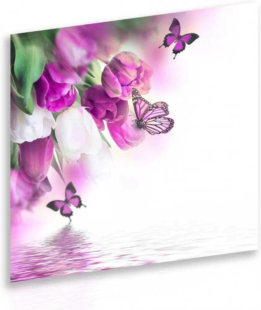 Obraz na plátně - fialoví motýli s tulipány (60x60 cm) - InSmile ®