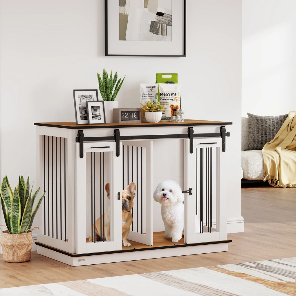 PawHut Klec pro psy se 2 dvířky, box pro psy, přepravní box pro psy, rustikální design, uzamykatelný, bílá barva