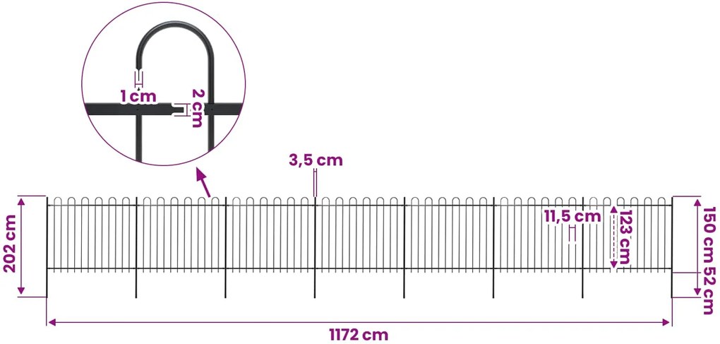 Zahradní plot s obloukem nahoře ocelový 1172 x 150 cm černý 277680