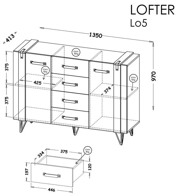 Komoda LOFTER 05 beton millenium + dub wotan