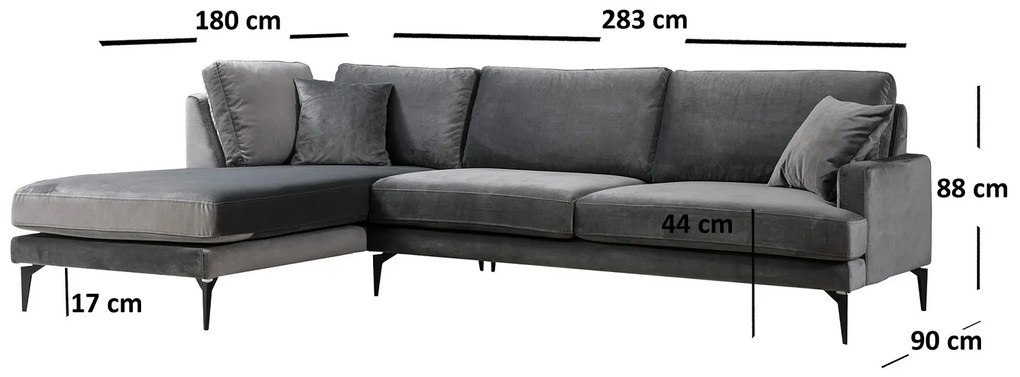 Designová rohová sedačka Fenicia 283 cm antracitová - levá