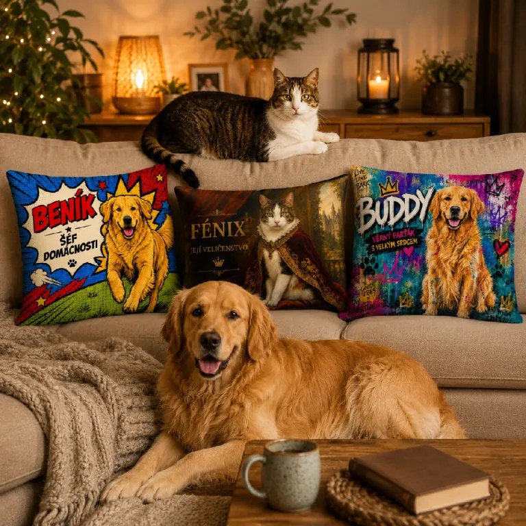 Personalizovaný polštář s mazlíčkem z fotografie – 45 × 45 cm Styl:: Pop art komiks