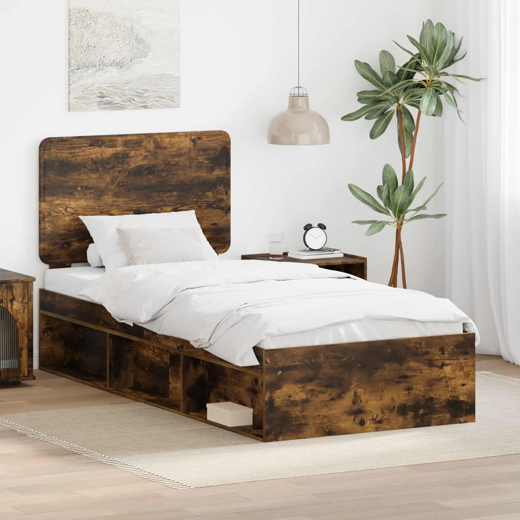 Rám postele s čelo Kouřový dub 90 x 200 cm Masivní borové dřevo 3412537