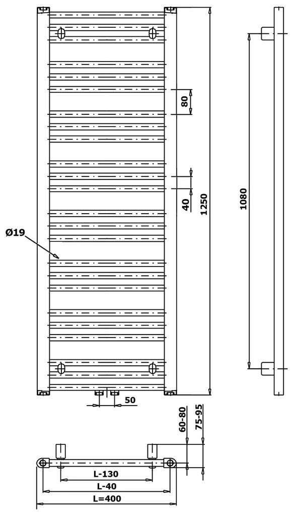 Bruckner Bruckner, ALBRECHT topné těleso 400x1250 mm, středové připojení, černá matná, 600.112.6