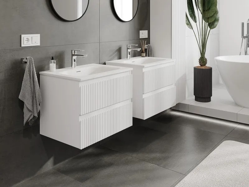 Mexen Rivel koupelnová skříňka 60 cm s umyvadlem Vela, 2 zásuvky, drážkovaná, bílá matná - 91A20-06047-2-BFF01-W23M01