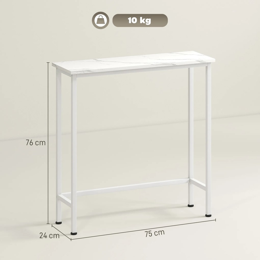 HOMCOM Konzolový stolek do předsíně s nastavitelnými nožičkami, ochranou proti převrácení 75 x 24 x 76 cm pro malý prostor, bílý