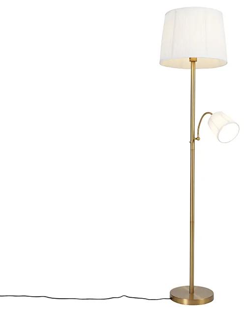 Klasická stojací lampa bronzová tkanina bílá s lampou na čtení - Retro