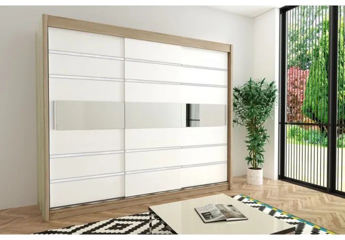 Velka šatní skříň se zrcadlem a posuvnými dveřmi Paulína 250 v barvě dub sonoma-bílá