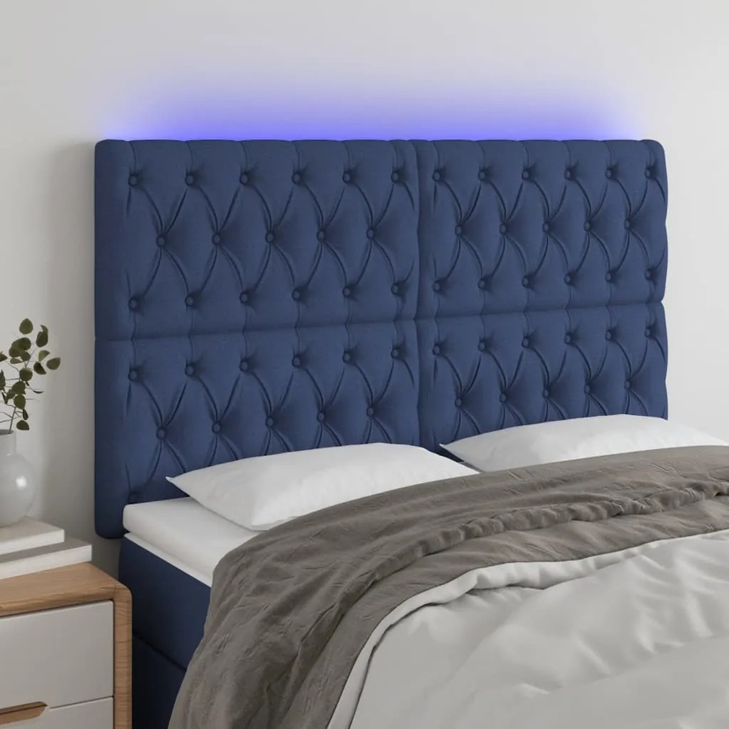 Čelo postele s LED modrá 160x7x118/128 cm textil 3122772